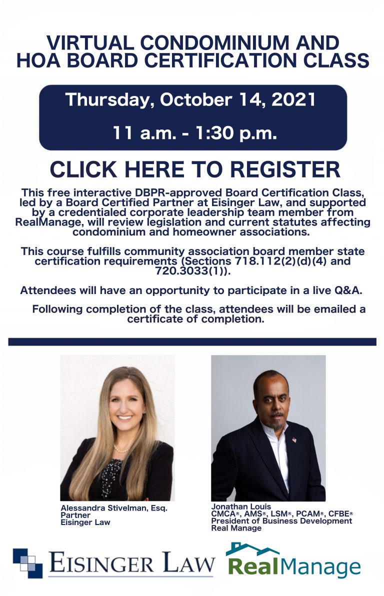 Virtual Condominium & HOA Board Certification Class - Eisinger Law